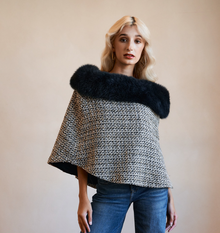 Carolina capelet Chanel Tweed fabric with blue fox dyed black ...