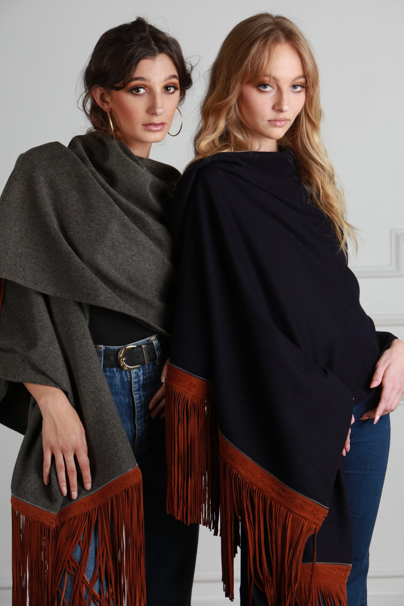 BRUNA 100% CASHMERE HEATHER GREY WITH METAL TRIM AND GOAT SKIN SUEDE F ...