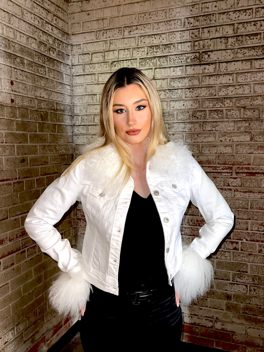 Anna Irion Signature White Jean Jacket with White Mongolian Lamb ...